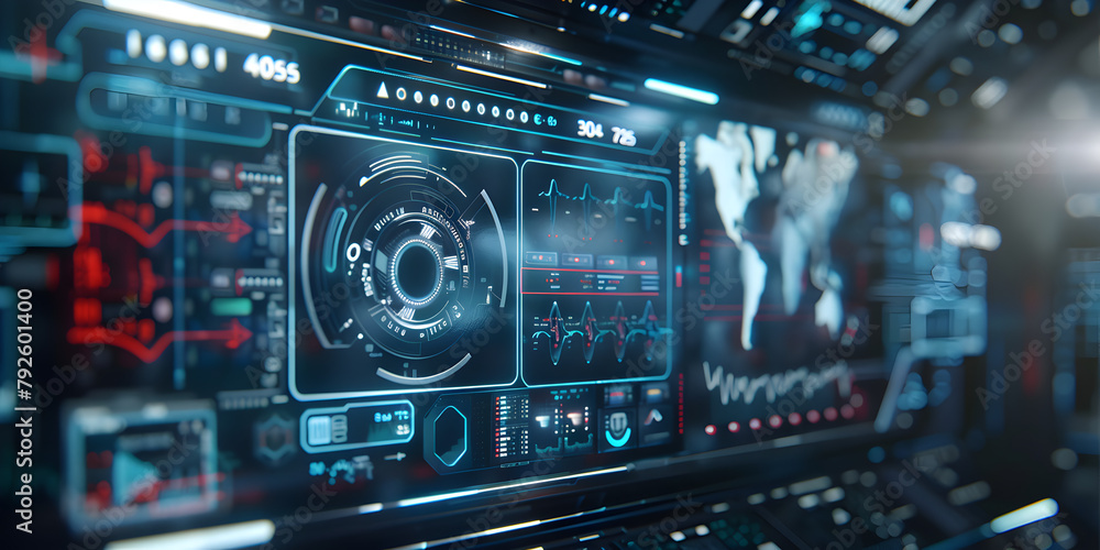 interface of digital control panel in spaceship command center futuristic screens dashboard of ...