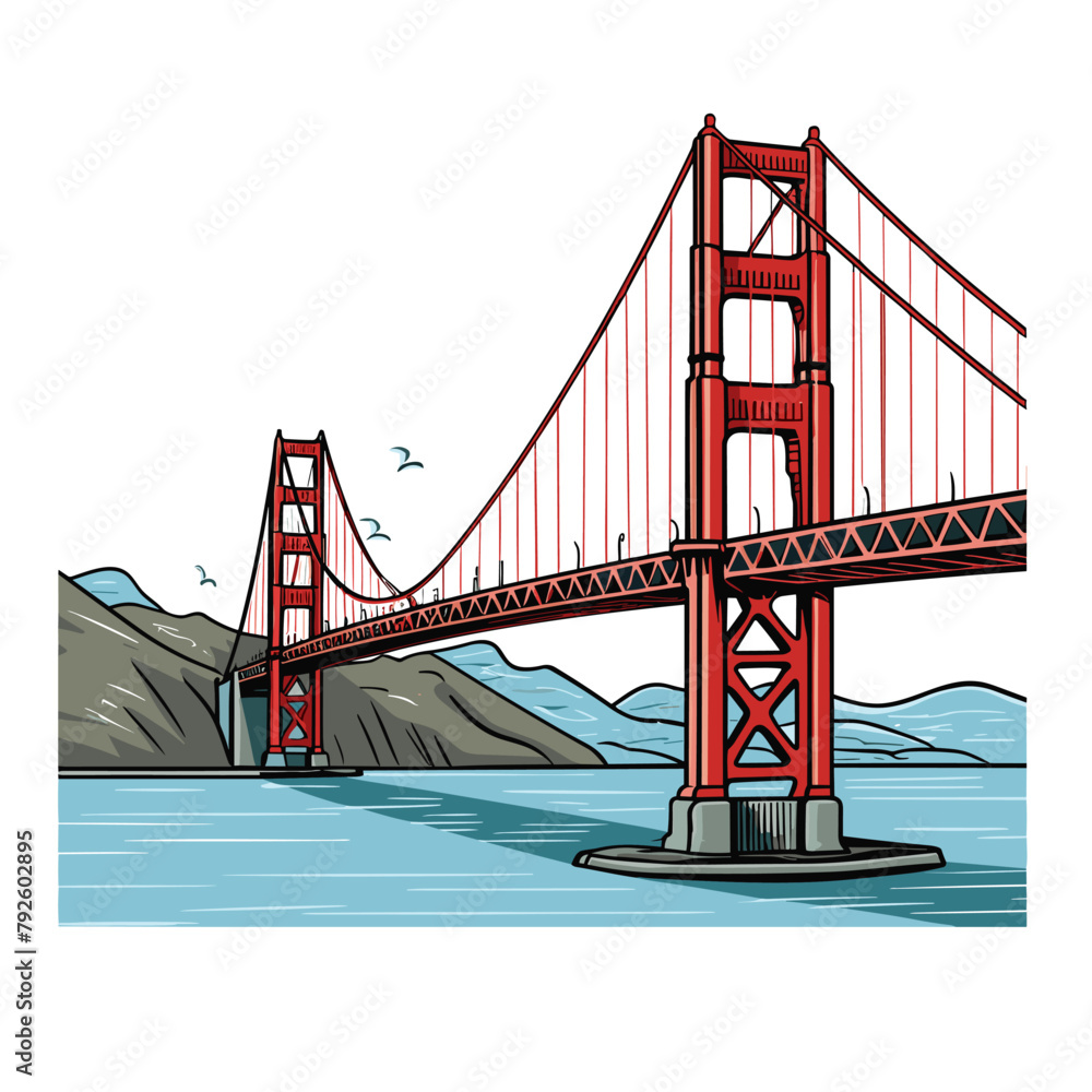 Golden Gate Bridge. Golden Gate Bridge hand-drawn comic illustration ...