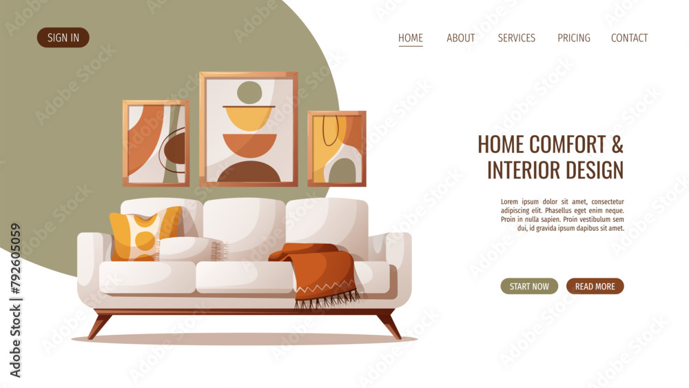 Web design with cozy white couch and abstract paintings. Interior ...