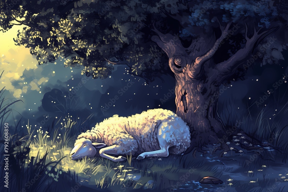 cartoon illustration, a sheep sleeping under a tree Stock Illustration ...