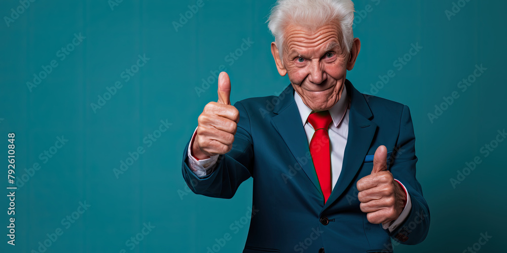 Aged grandpa smiling brightly with a thumbs-up, representing retirement ...