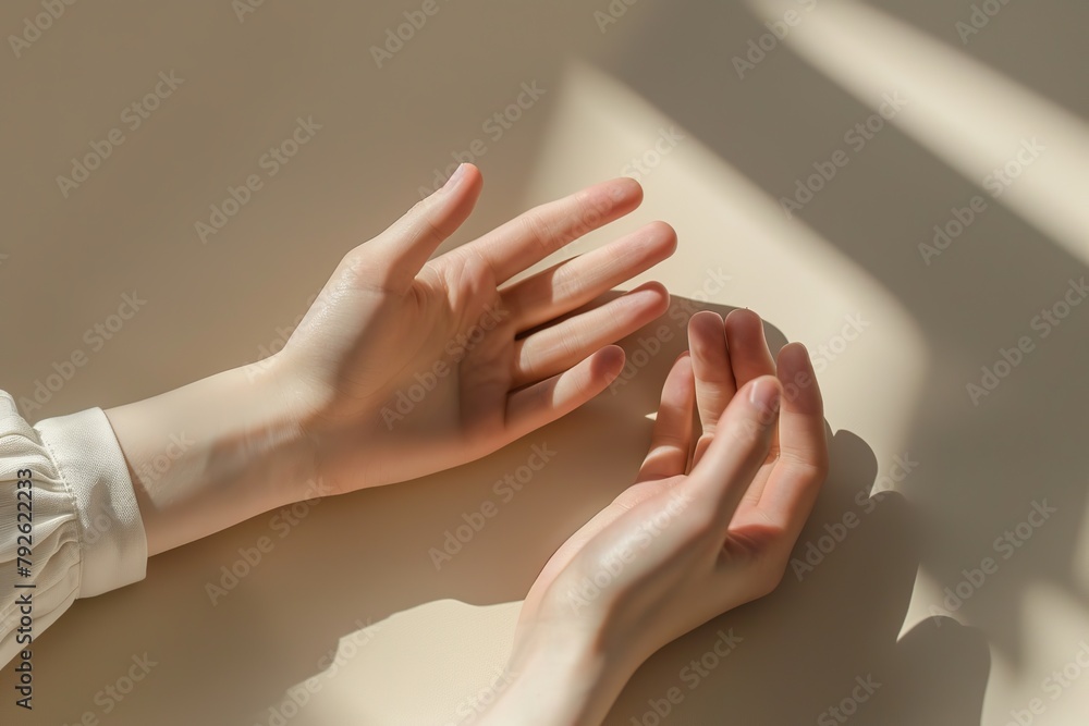 Beautiful female hands. Two young woman hands on beige studio ...