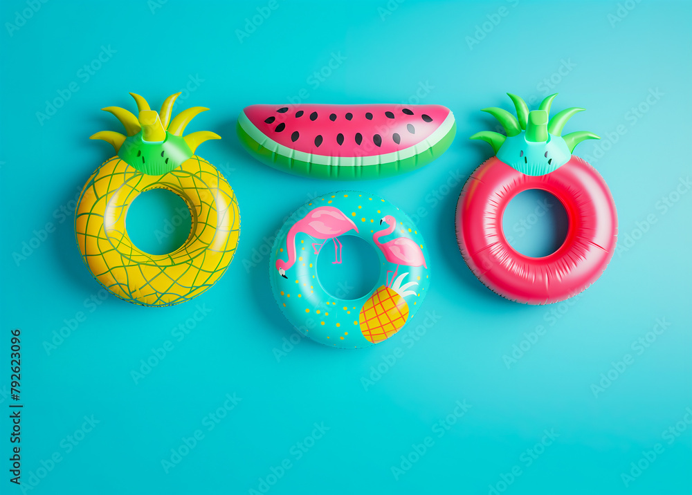 Pool water floating toys. Inflatable swim rings, watermelon, pineapple ...