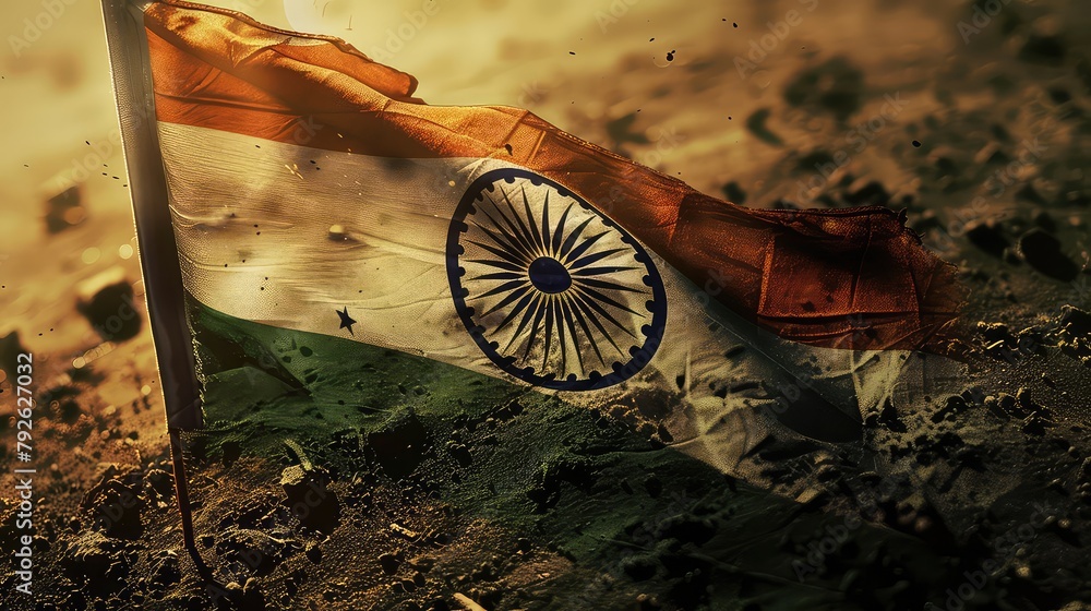 An Indian Flag waving majestically over a chaotic background, Indian ...