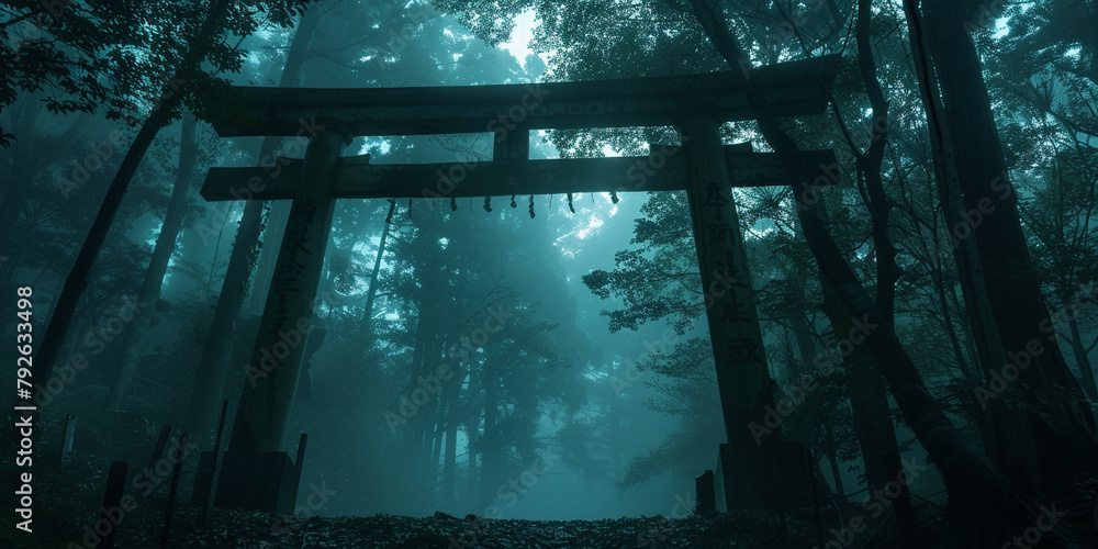 Japanese torii Shinto shrine gate in the night forest, creepy ambience ...