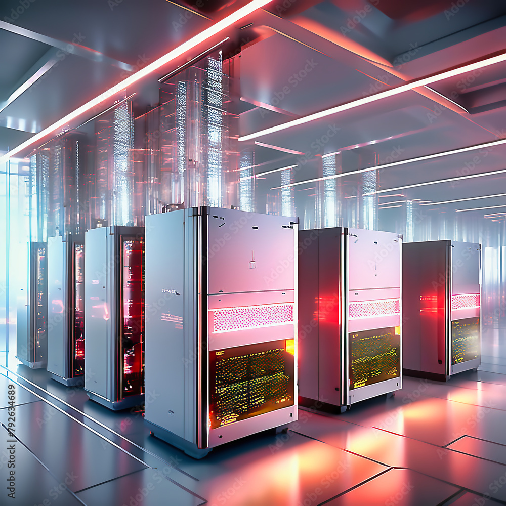 Server room with server cabinets, digitalis for host PC. Management and ...