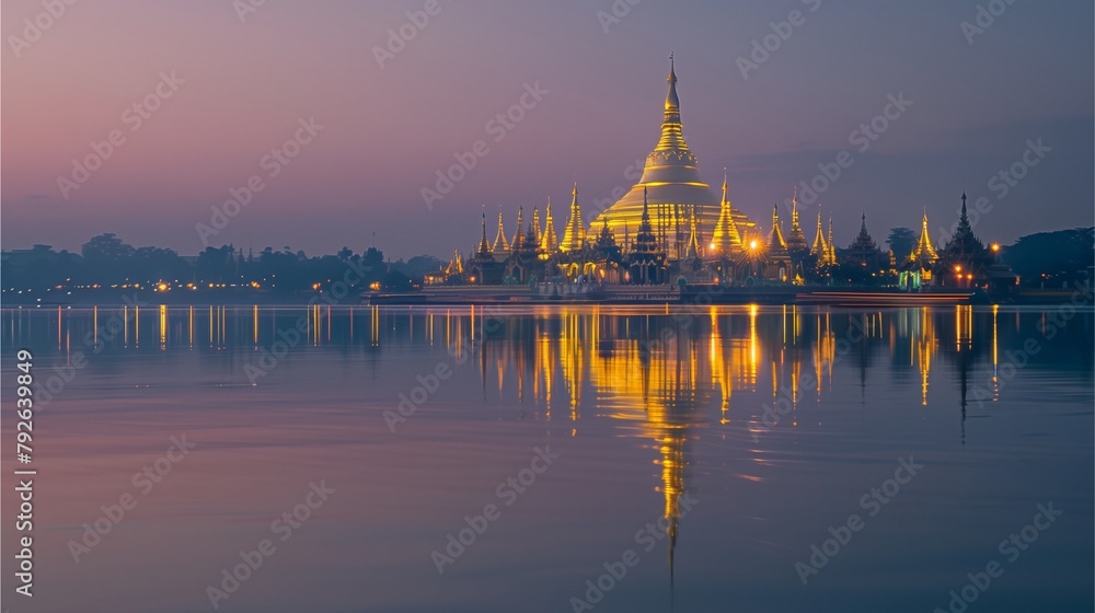 Sunset over Bangkok's city parliament building and iconic temples ...