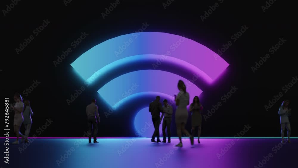 3d rendering people in front of big white symbol of Wi-Fi signal with ...
