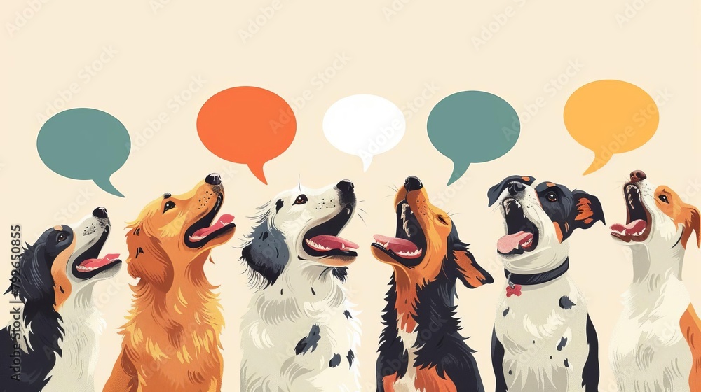 Cartoon illustration of various dogs barking, each with a unique comic ...