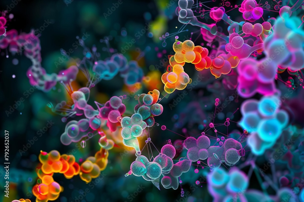 A computer-generated image of enzyme structures and substrates ...