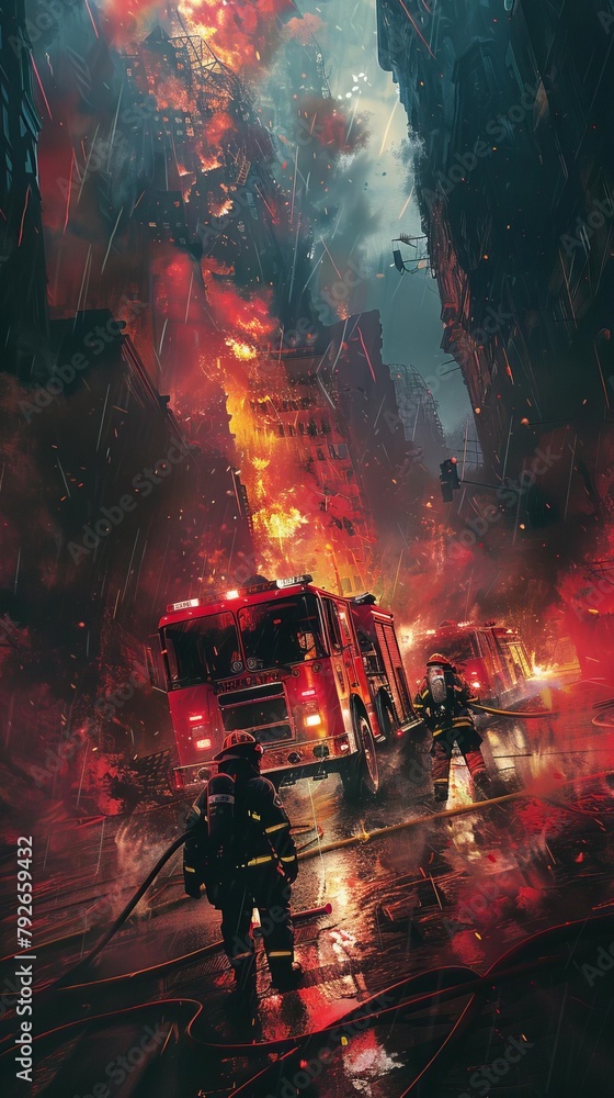 An intense depiction of a fire rescue operation, with firefighters ...