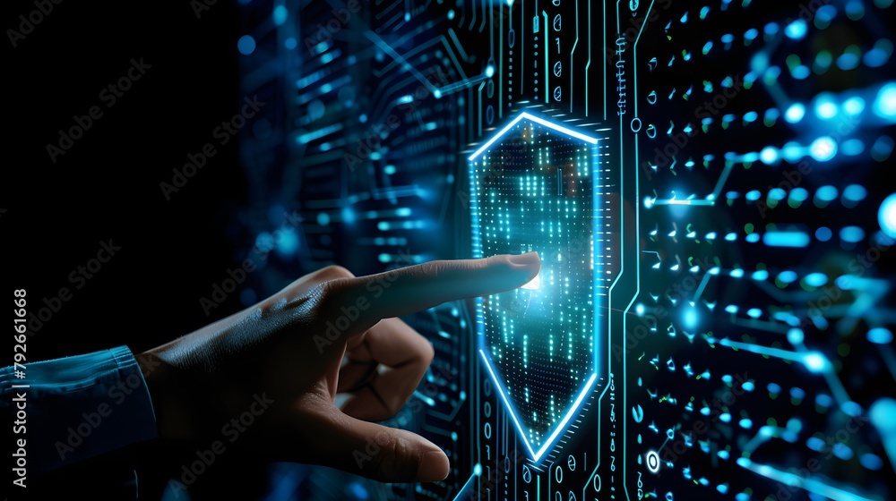 Hand touching digital shield with binary code and virtual background, symbolizing security in ...
