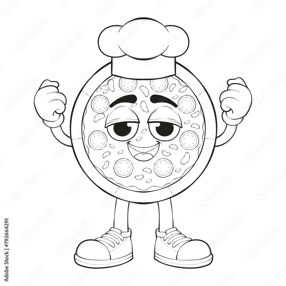 Cartoon pizza character. Outline of pizza with cheese. Happy pizzeria ...