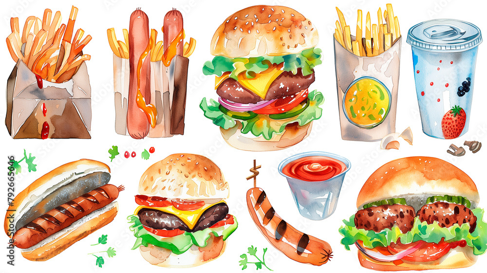 Delicious camping foods like hot dogs, burgers, and s'mores illustrated ...