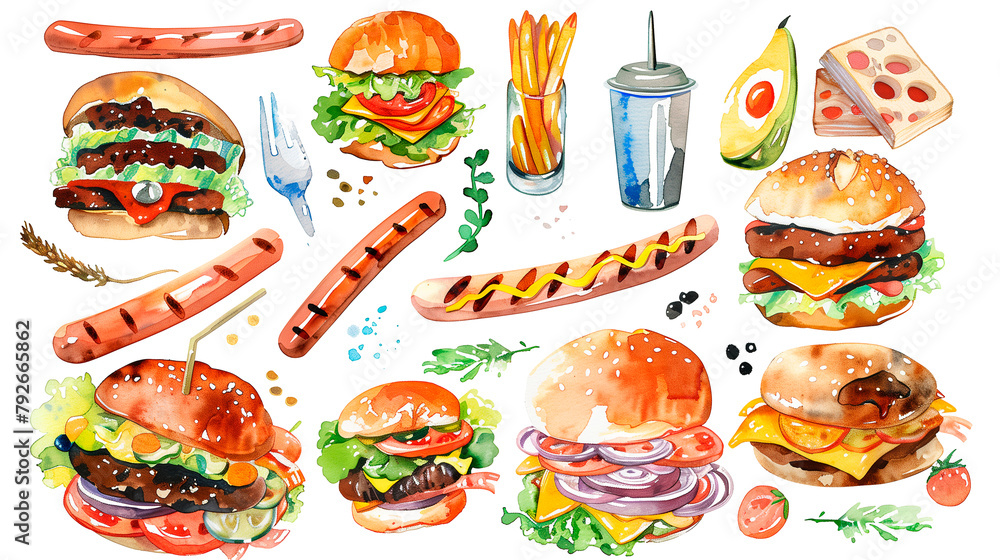 Delicious camping foods like hot dogs, burgers, and s'mores illustrated ...