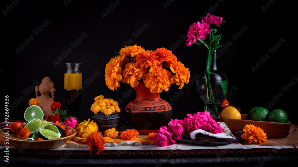 Ofrendas with marigolds and goods for the Cinco de Mayo, with a black ...