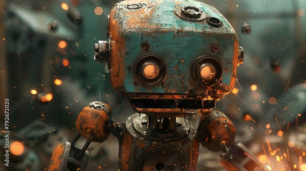 The retro robot, its eyes wide with surprise, sparks shooting from a ...