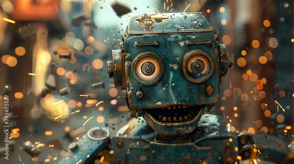 The retro robot, its eyes wide with surprise, sparks shooting from a ...