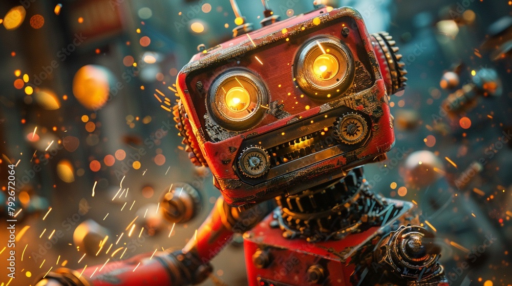 The retro robot, its eyes wide with surprise, sparks shooting from a ...