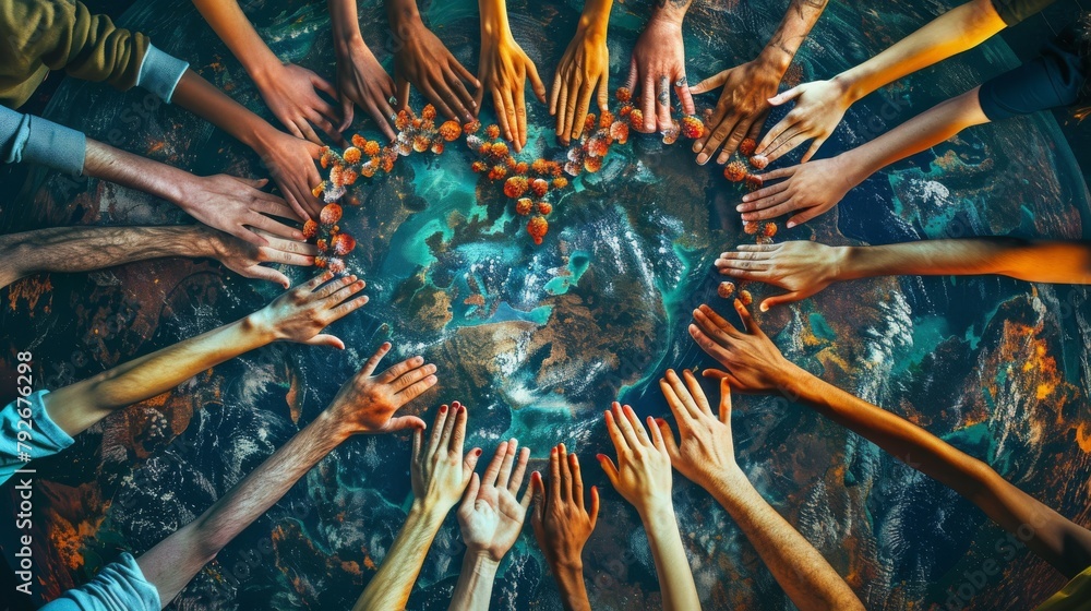 Unified human chain of diverse hands coming together to form a heart ...