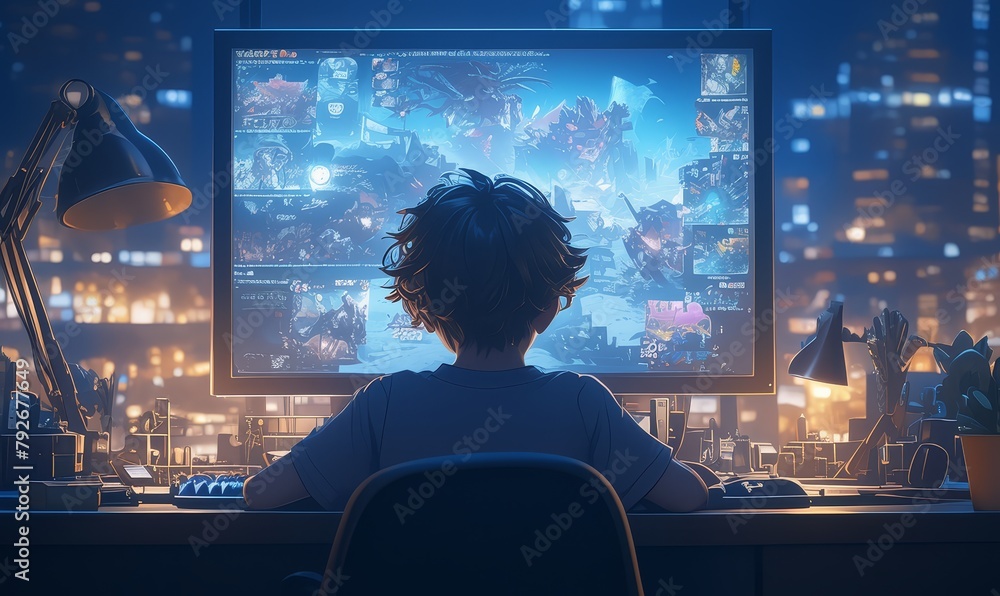A child sitting in front of the computer, facing away from us with his ...