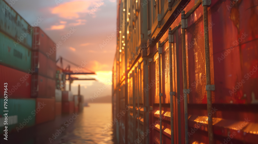 Glowing sunset behind stacked shipping containers, depicting global ...