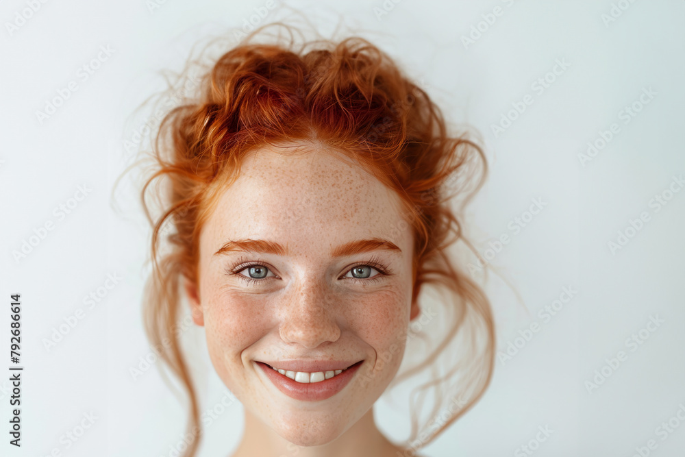 Headshot Portrait of happy ginger girl with freckles smiling looking at ...