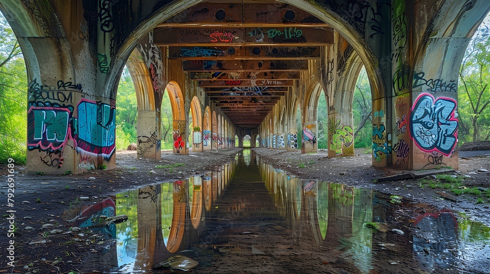 This urban underpass is transformed into a gallery of vibrant graffiti ...