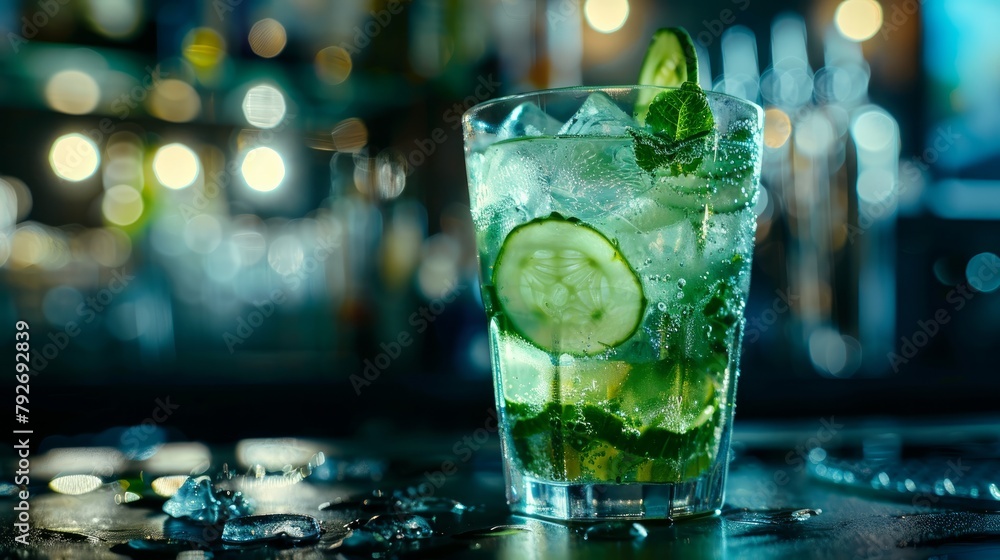 Cocktail with cucumber, ice on bar counter in a restaurant, pub. Fresh ...
