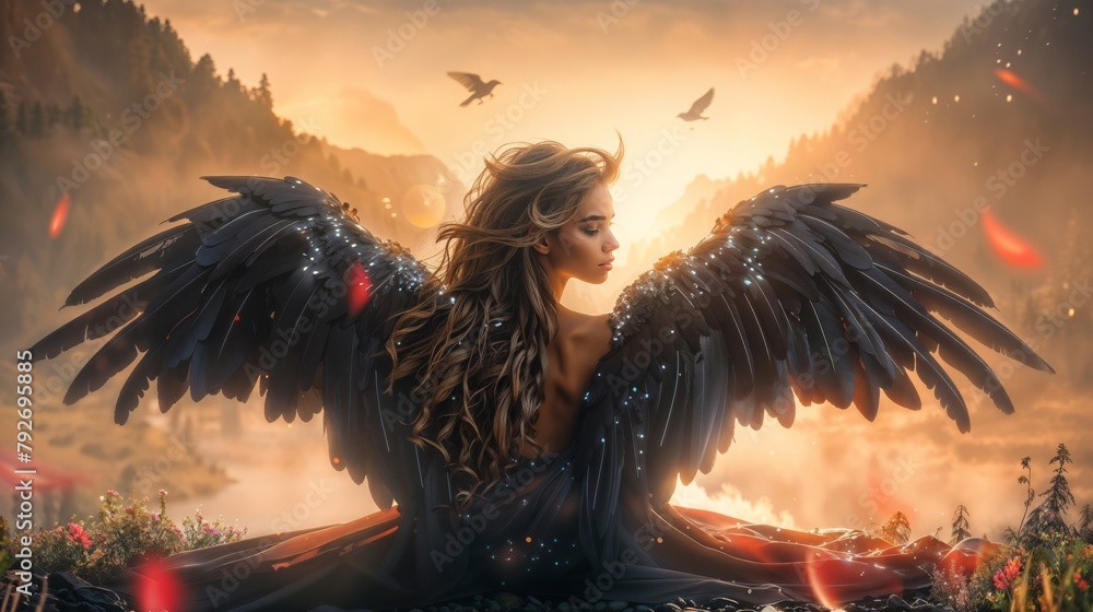 Mystical Winged Women Overlooking Sunset Landscape with Birds Stock ...