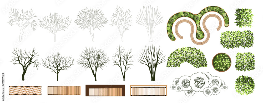 Tree silhouettes for the landscape design. Trees and benches for ...