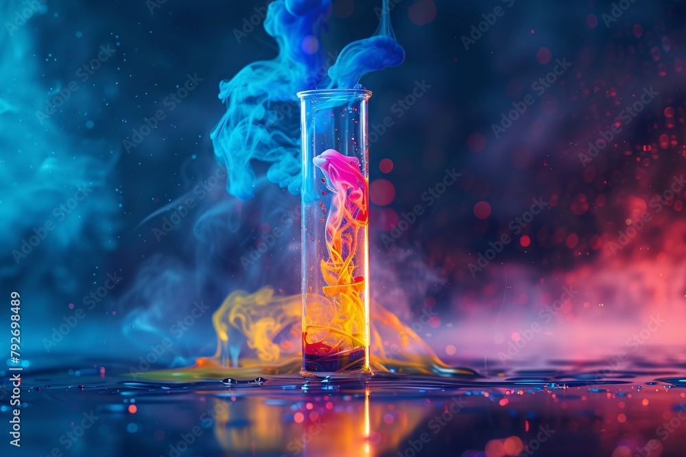 A test tube radiates with an array of vibrant colors and smoke ...