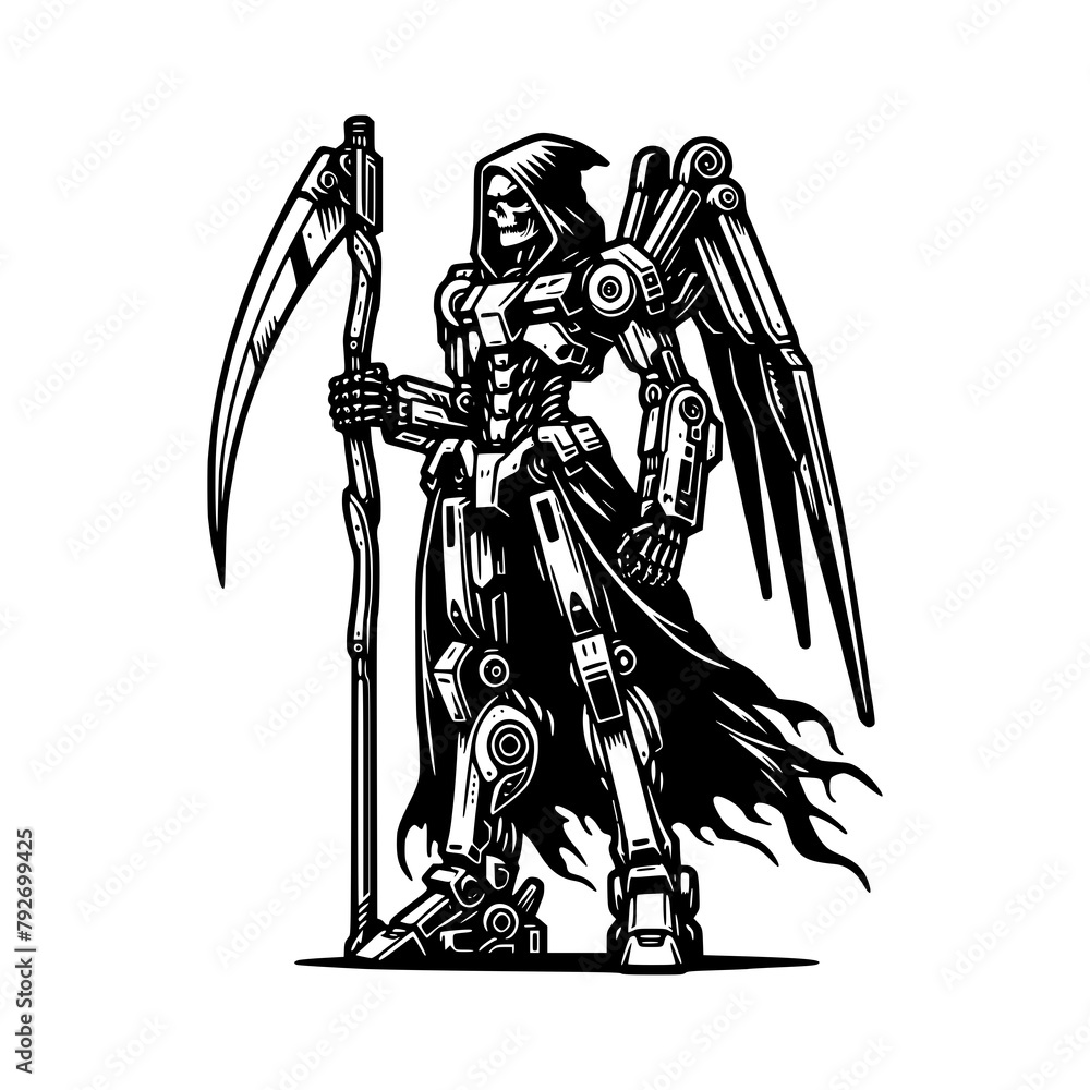 grim reaper with body mecha robot mechanic body parts black outline art ...