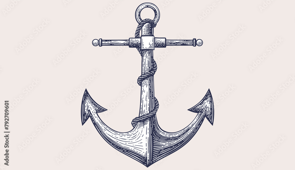 Anchor, hand drawn sketch, artwork. Vintage sea anchor, engraving style ...