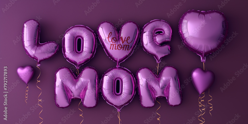 Purple Mother's Day background with love mom text made of balloon ...