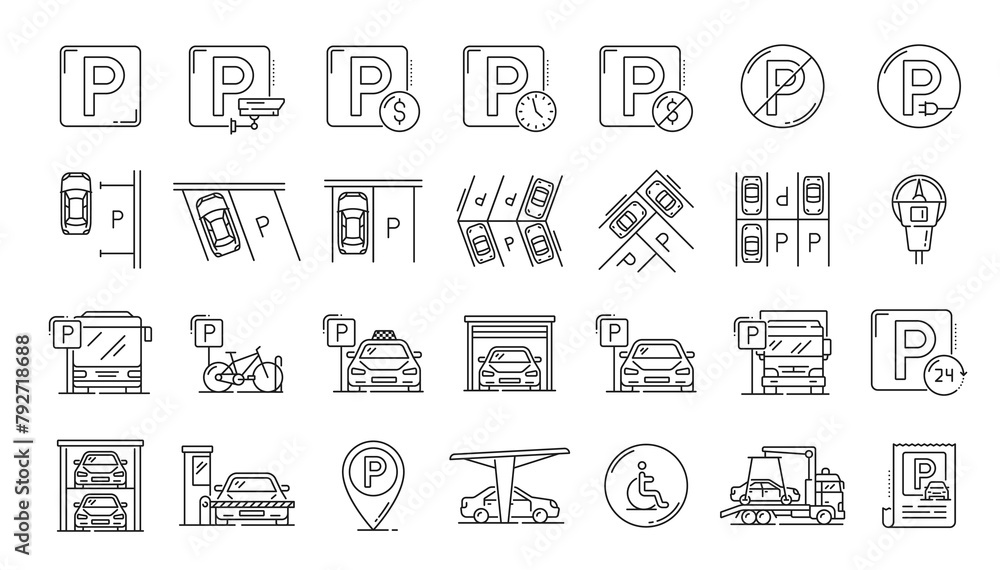 Automatic garage service and parking line icons, car park and vehicle ...