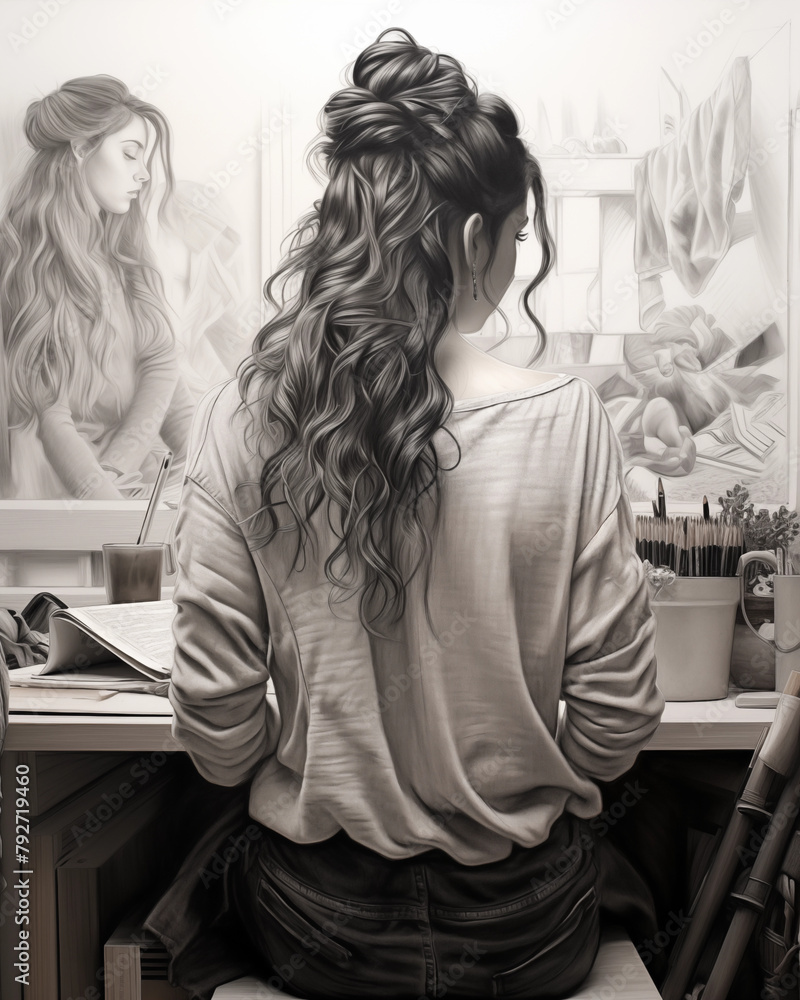 Back view woman seating on table and painting, long hait. Card, poster ...