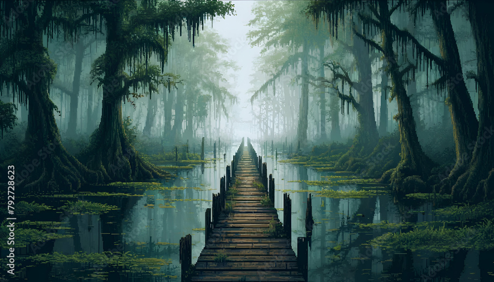 Mystic Swamp Pier in Pixel Art Perspective, Pixel art depiction of a ...
