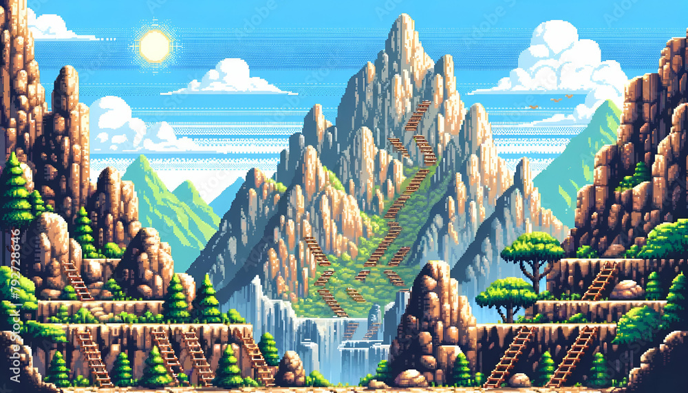 Pixel Art Mountain Ranges with Ladders and Waterfalls, Intricate pixel ...