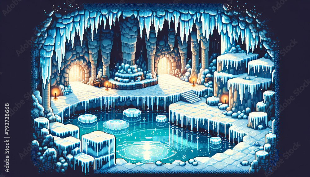 Icy Cave Pixel Art Illustration, Digital pixel art of an enchanting icy ...