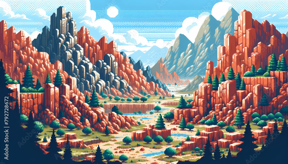 Pixel Art Mountain Valley with Pine Trees, Pixel art representation of ...