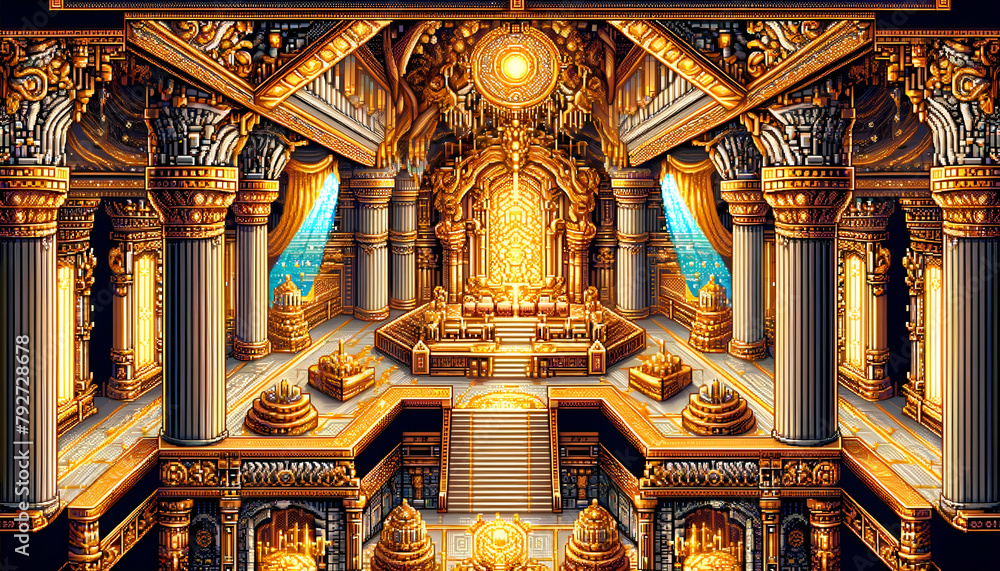 Lavish Pixel Art Ancient Palace Interior, with ornate golden columns ...