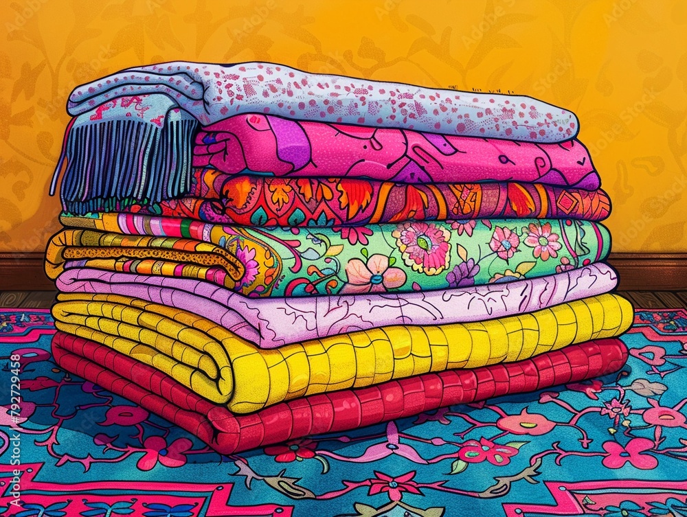 Artistic Blanket Stack A cartoon illustration of a stack of rectangular ...