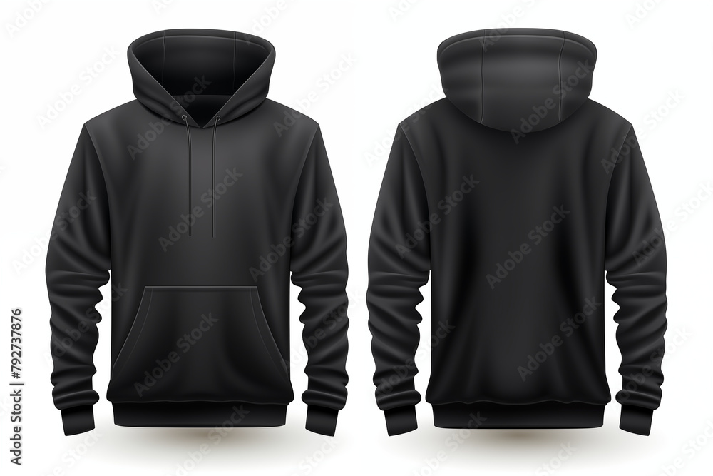 Plain black hoodie mockup Set of Black front and back view long sleaves ...