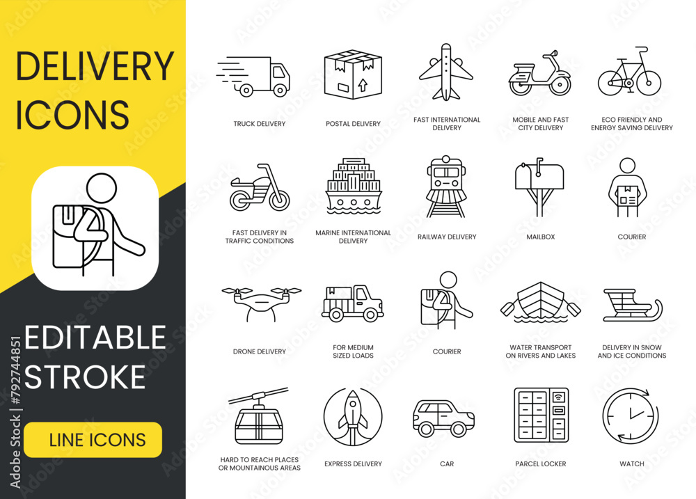Types and methods of delivery line icons set with editable stroke ...