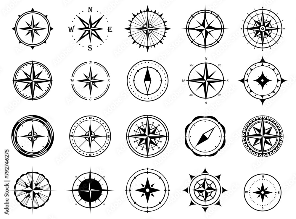 Vintage marine wind rose, nautical chart. Compass icons set. Compass ...