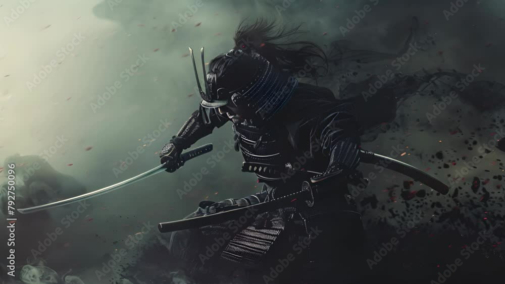 A samurai warrior is depicted in a black and gray color scheme, holding ...
