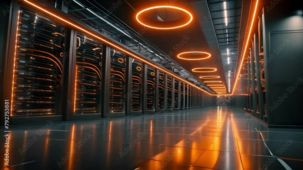orange and black server room with curved glass walls, with rows of ...