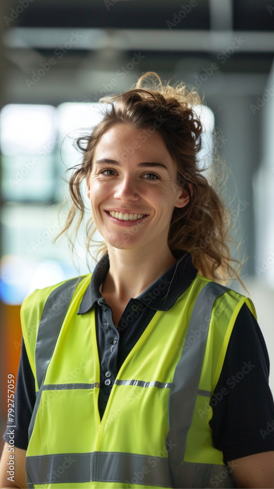 portrait of a smiling female engineer in a hi-vis vest in their 30s ...