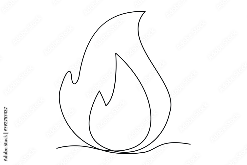 Continuous one line drawing of fire in the middle of a white background ...